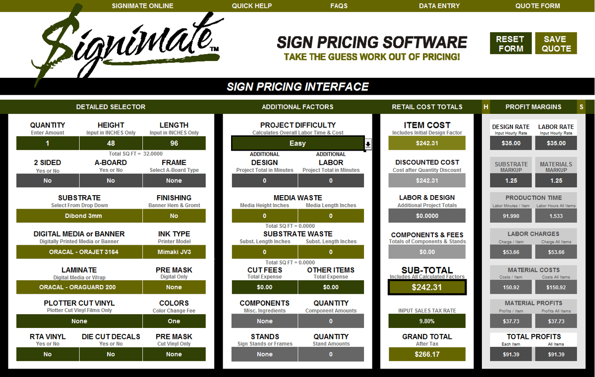 SigniMate(tm) Sign Pricing Software || Screenshots